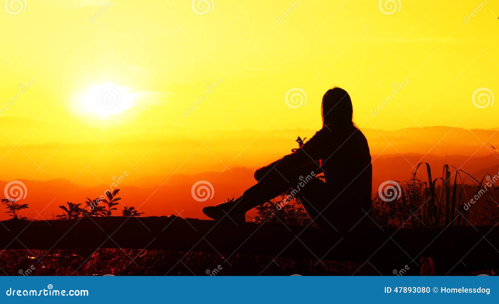 Sunset Silhouette Young Woman Feeing Sad Looking Sunset Stock Photo ...