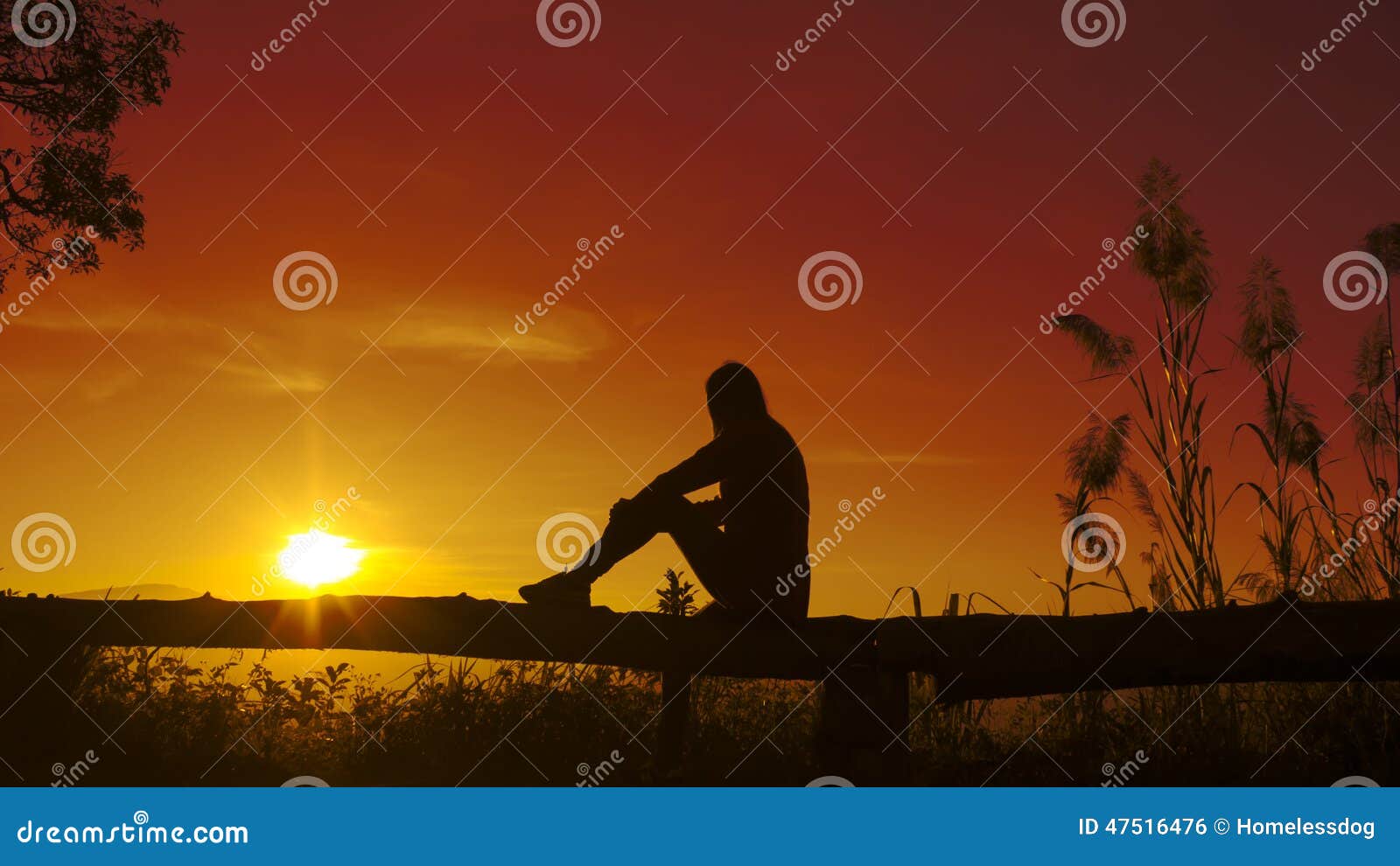 Sunset Silhouette Young Woman Sad Stock Photo - Image of active ...