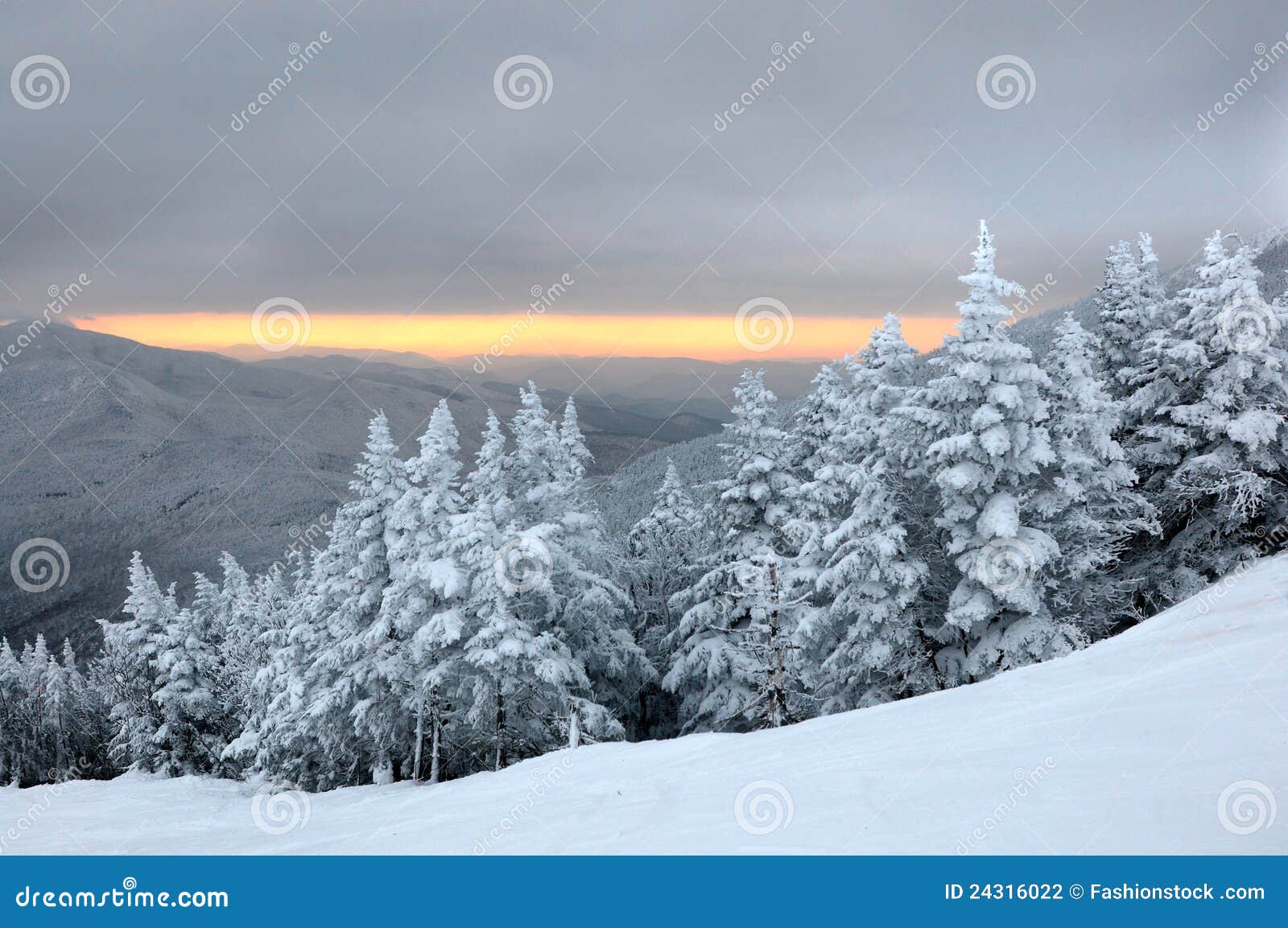 Sunset in Ski Resort Mountains Stowe, VT Stock Photo - Image of pine ...