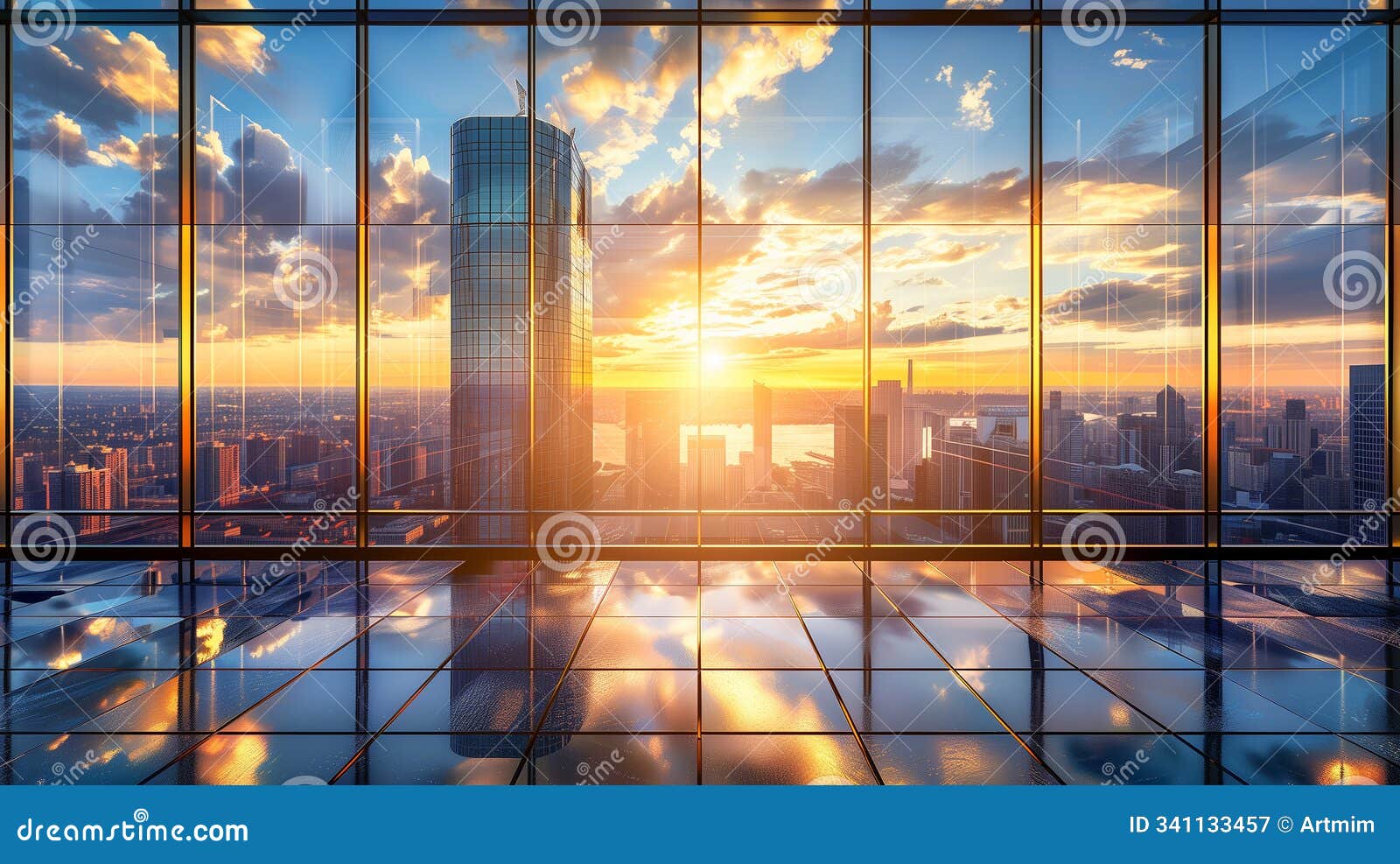 Sunset Sky Cloud Cityscape. Empty Contemporary Office Interior Stock ...