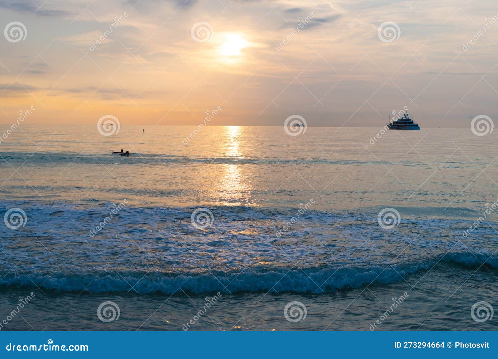 Sunset Sky In Summer Vacation Cloudscape With Ship On Horizon Stock