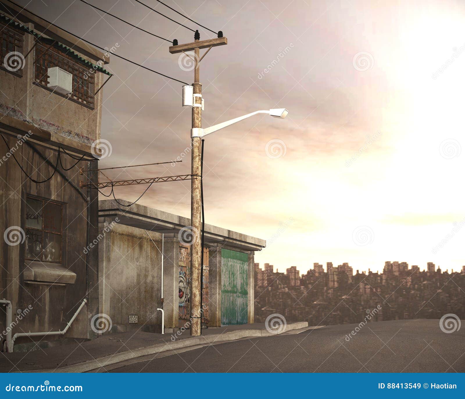 Sunset at a slum district stock illustration. Illustration of sorrow ...