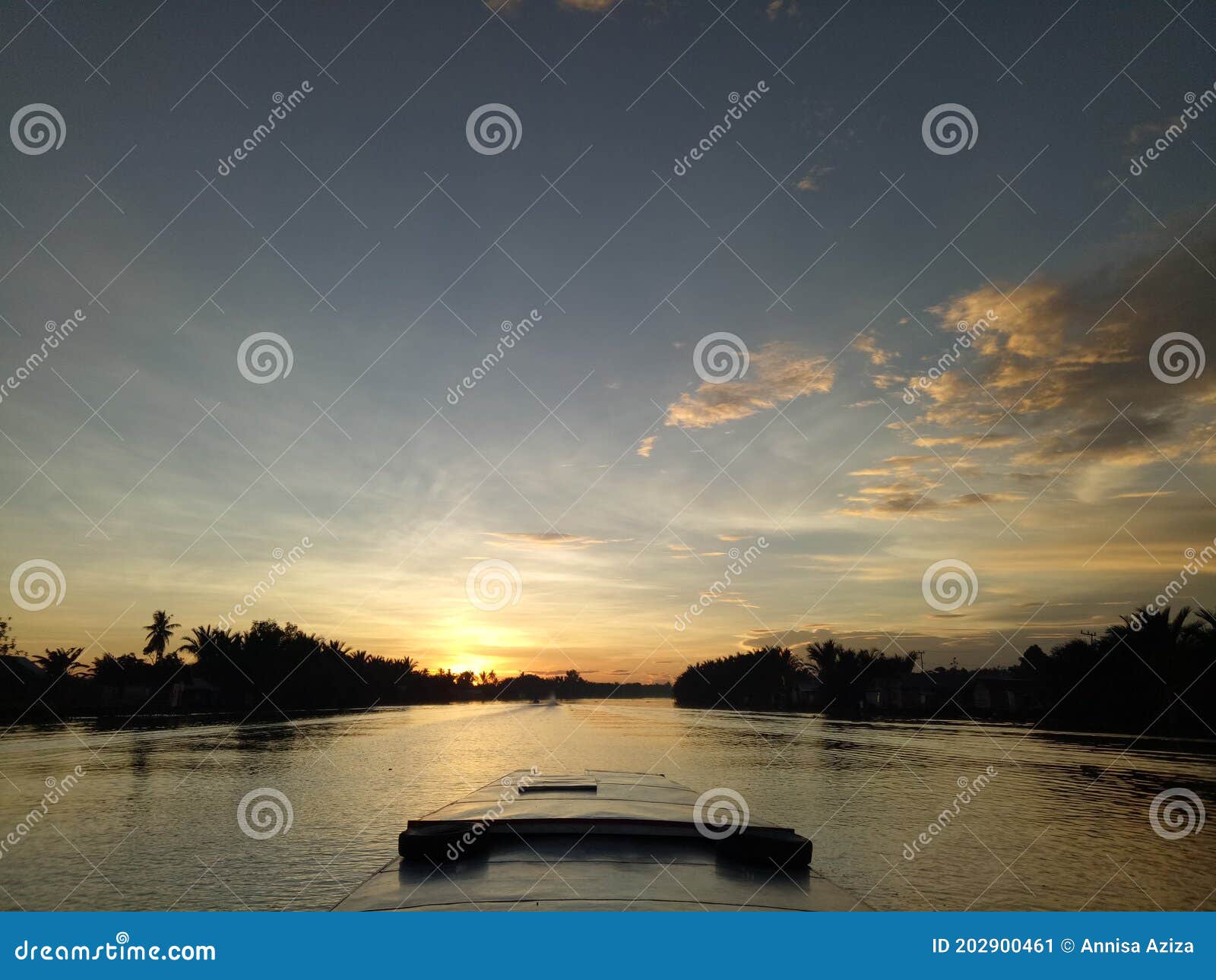Sunset at Small River with Small Boad Stock Image - Image of kalimantan ...