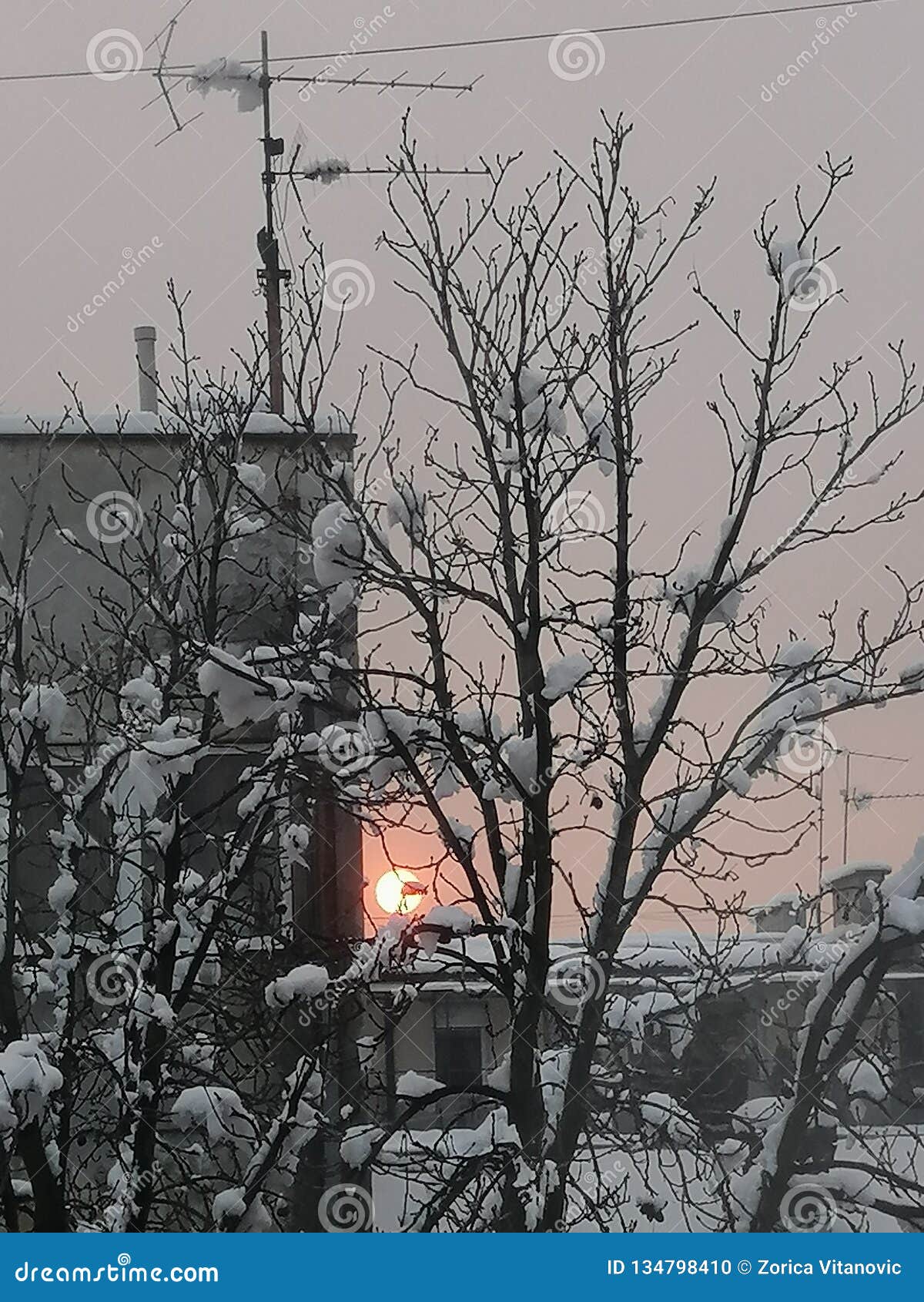 Sunset on snow day in town stock photo. Image of sunny - 134798410