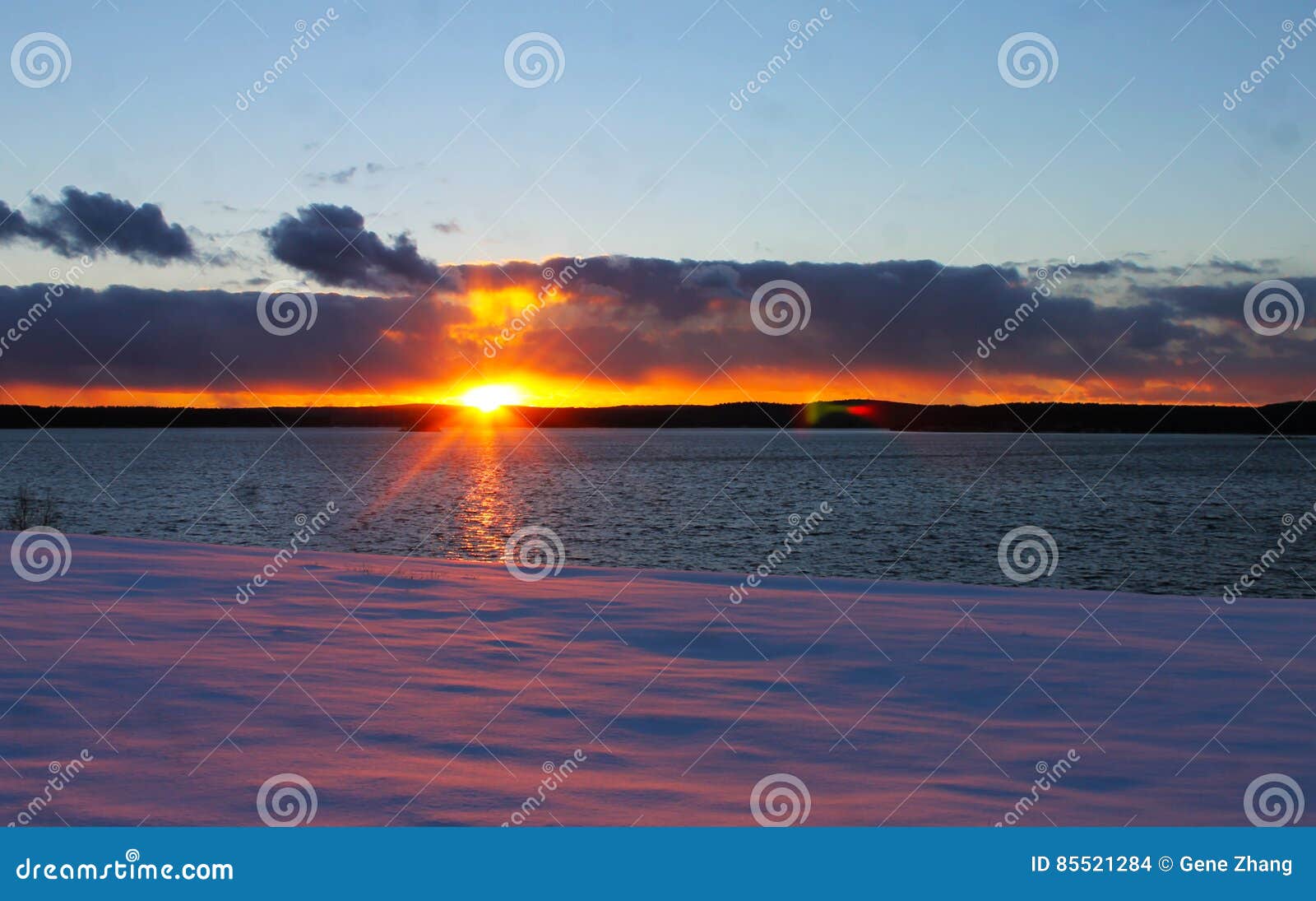 Sunset on snow stock photo. Image of loch, cold, morning - 85521284