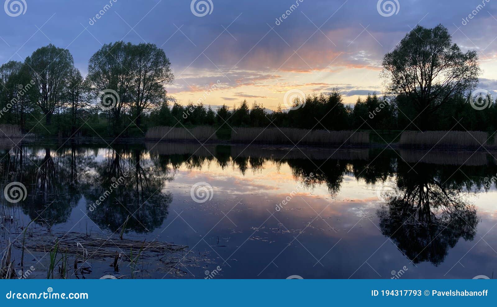 Sunset on a Summer Evening on the Pond Stock Image - Image of blue ...