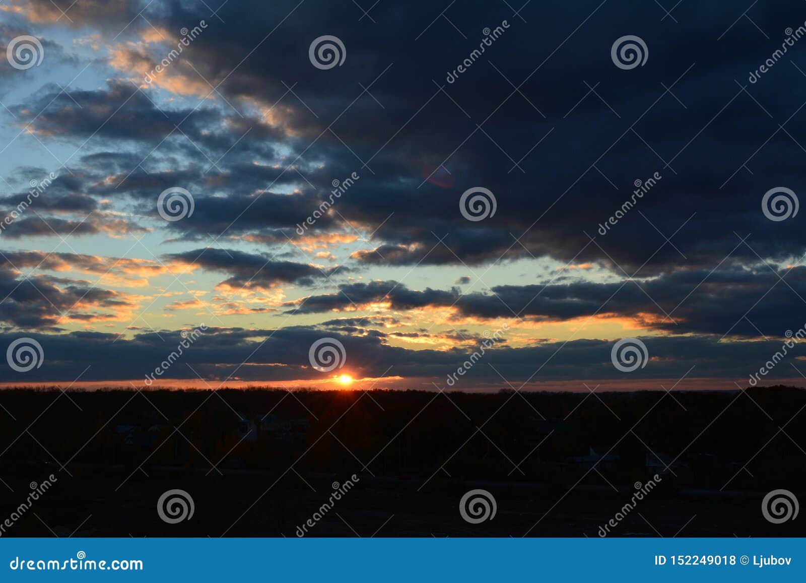 Sunset with Sun and Dark Clouds. Dramatic View of Cloudscape Stock ...