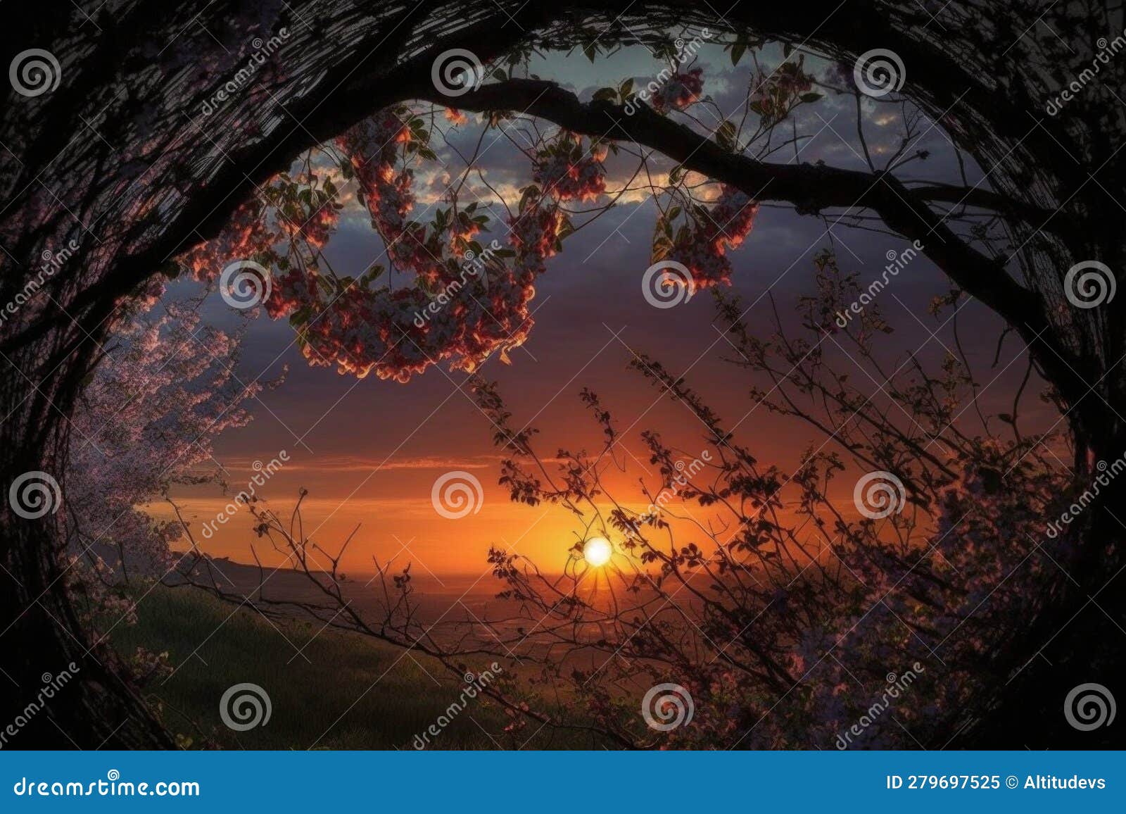 Sunset, with the Sun Peeking through Blossoming Trees Stock ...