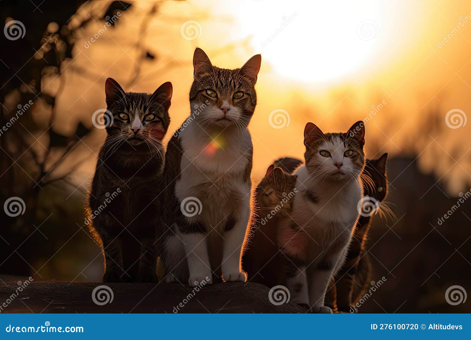 Sunset, with the Sun Setting Behind a Group of Cats, Their Eyes Shining ...