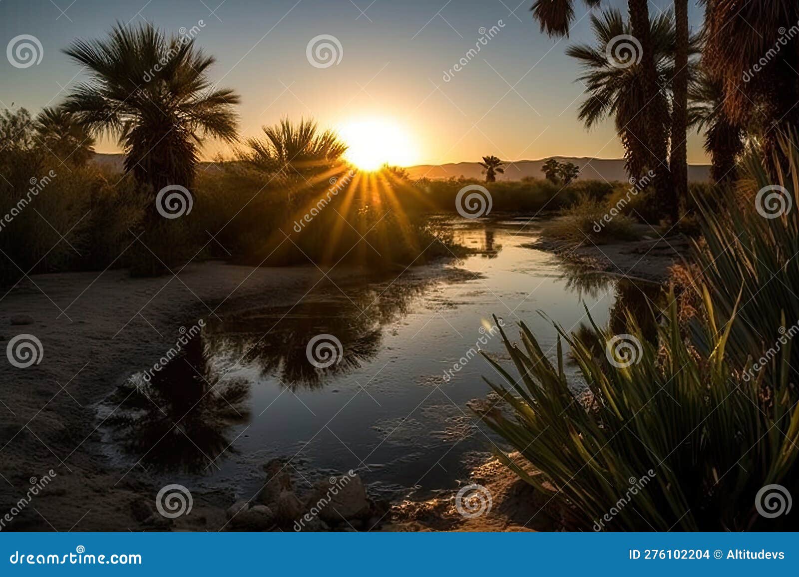 Sunset, with the Sun Setting Over a Desert Oasis, Casting Golden Rays ...