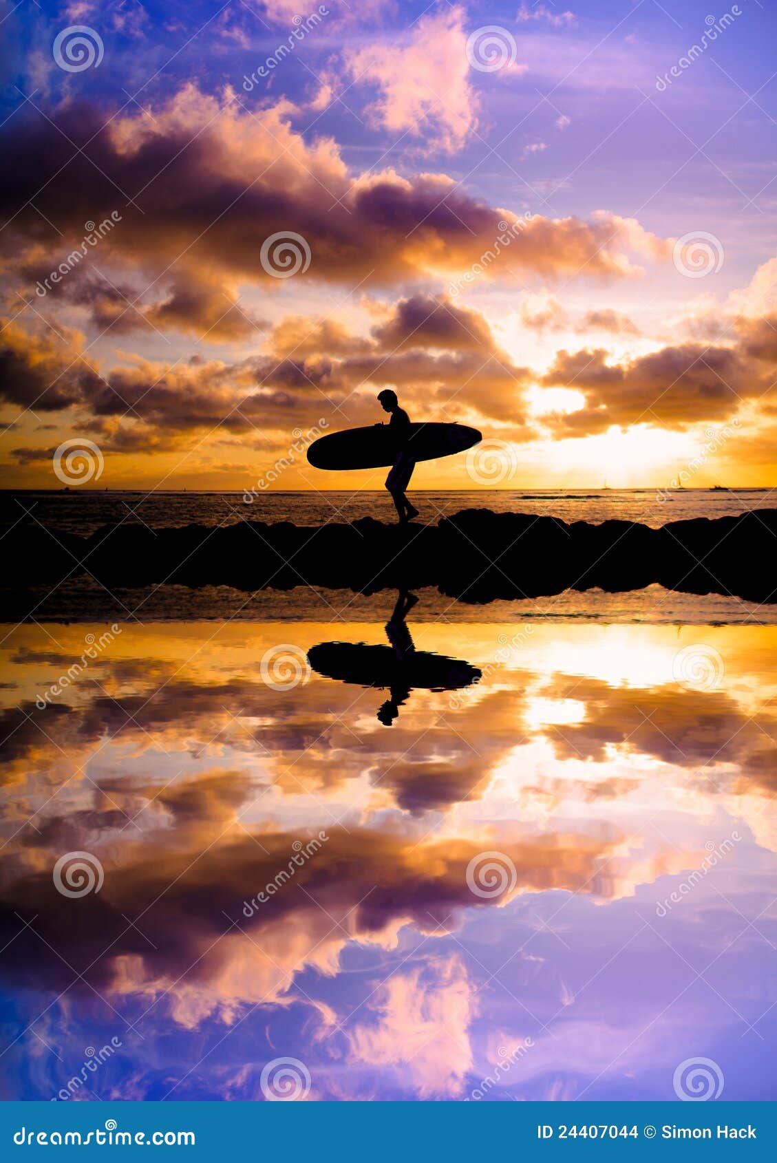 Sunset Surfer Silhouette Reflection Stock Photo - Image of attractive ...