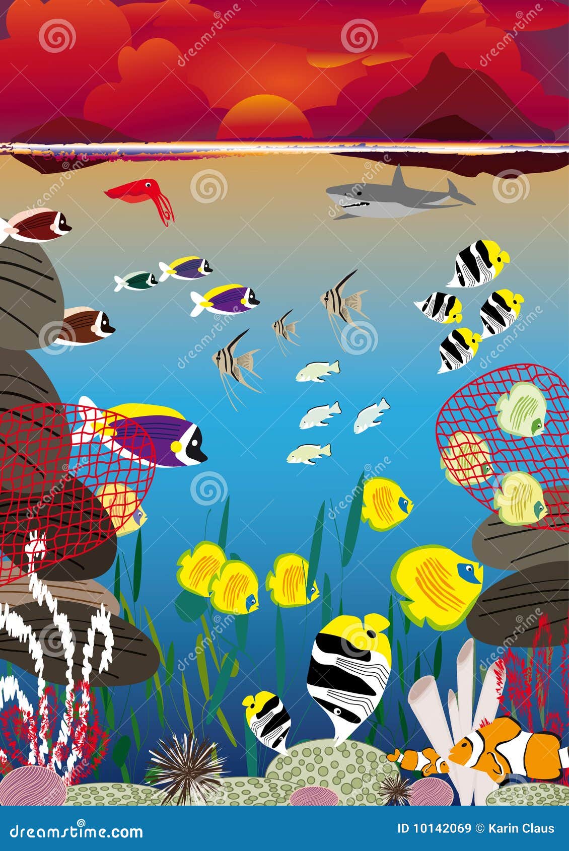 Sunset swimming fish stock vector. Illustration of action - 10142069