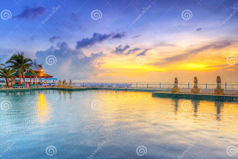 Sunset at swimming pool stock image. Image of rebuld - 31658033