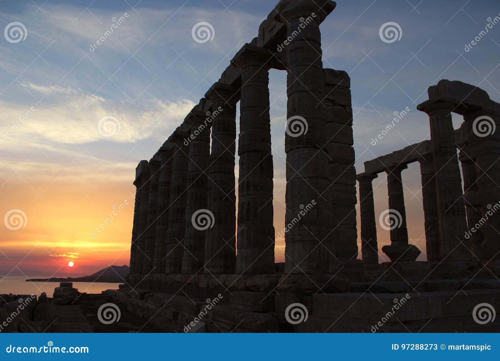 Sunset at the Temple of Poseidon in Cape Sounion Stock Image - Image of ...