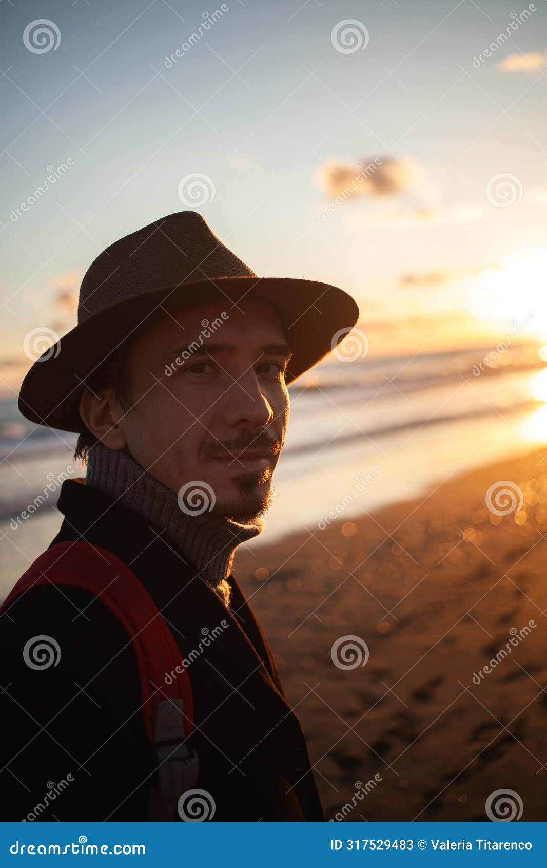 Sunset Tranquility Man Takes Contemplative Beach Stroll. Stock Image ...