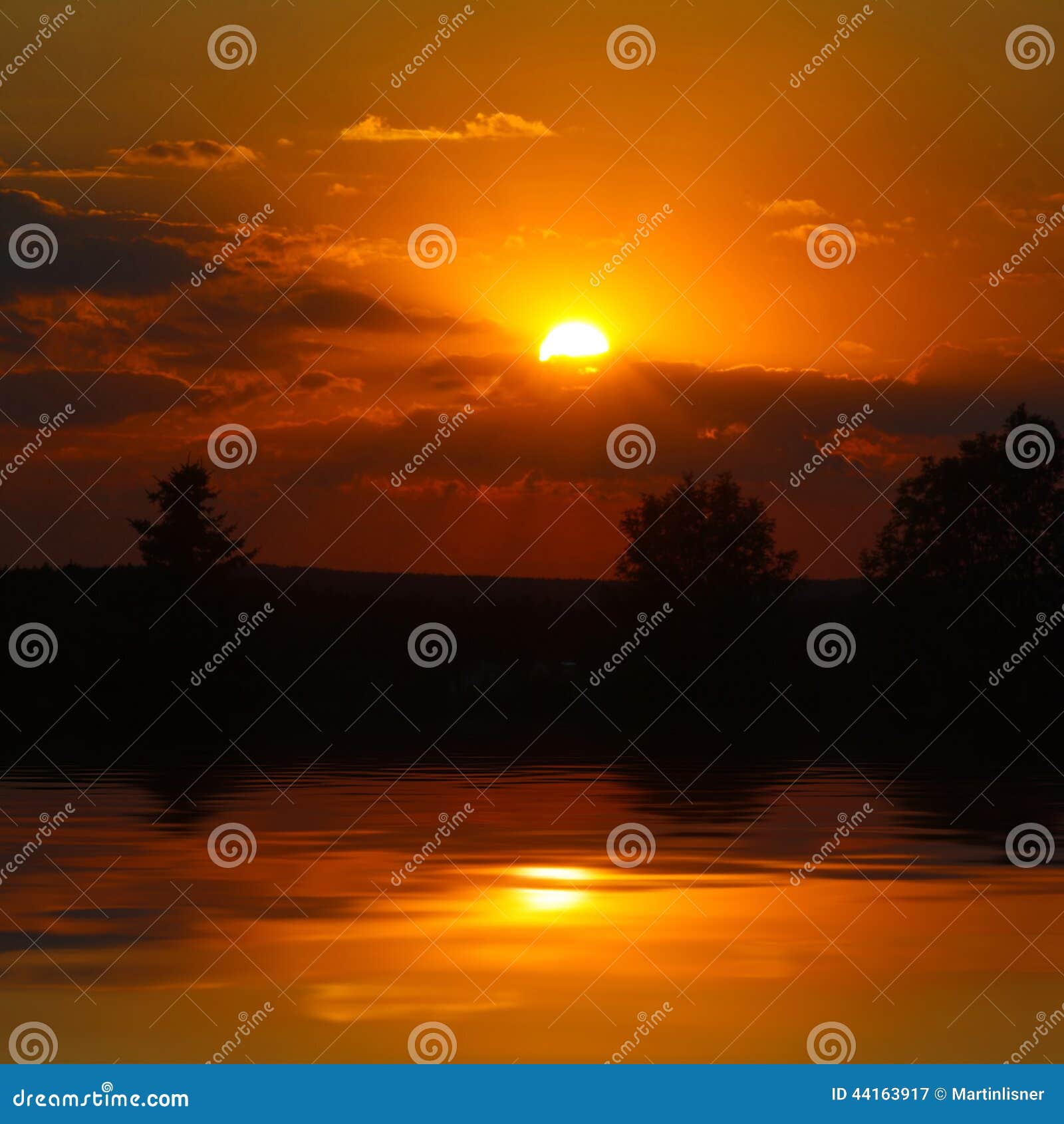 Sunset with Trees and Pond in the Foreground Stock Image - Image of ...