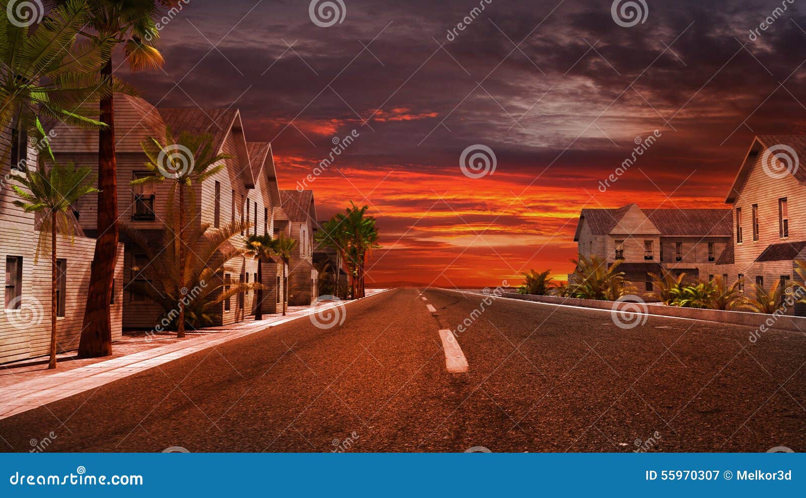 Sunset in a tropical town stock illustration. Illustration of lantern ...