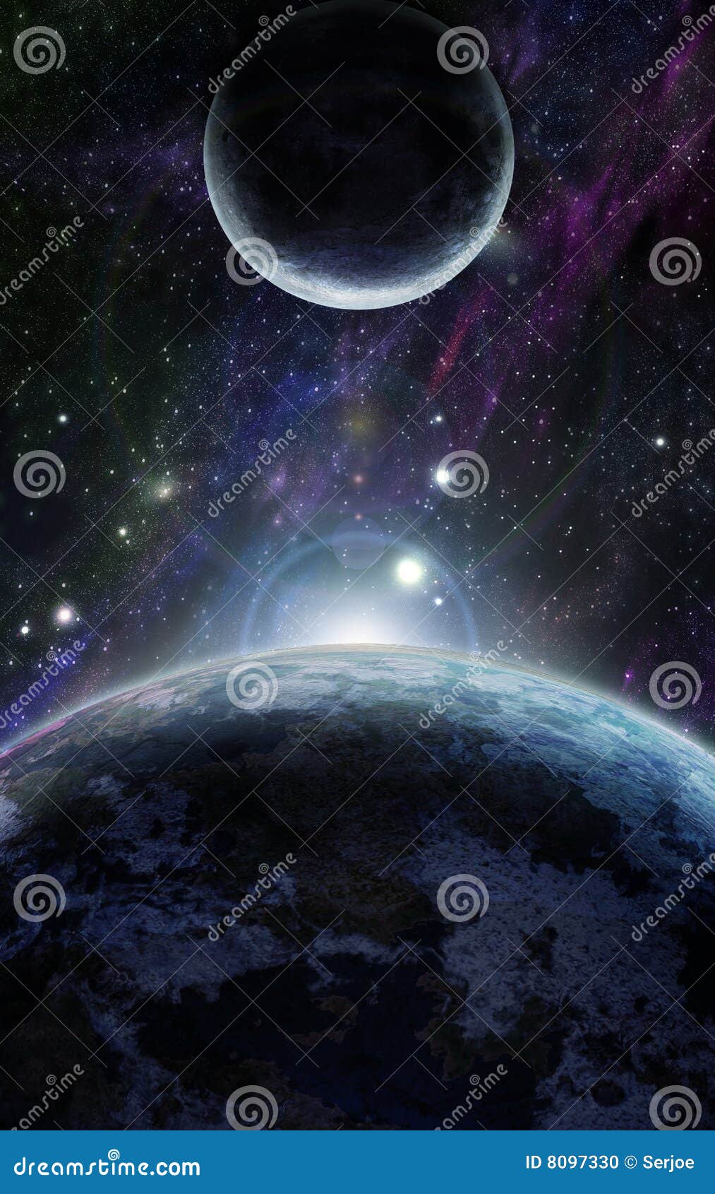 Sunset with Two Blue Planet Stock Illustration - Illustration of cosmos ...