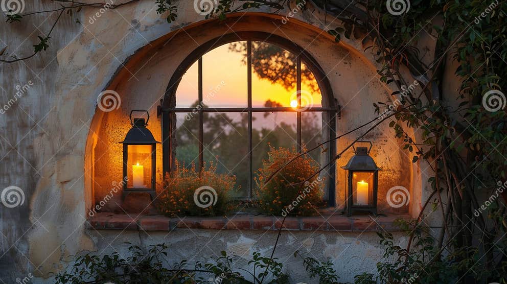 Sunset View through Arched Window with Lit Lanterns and Flowering ...
