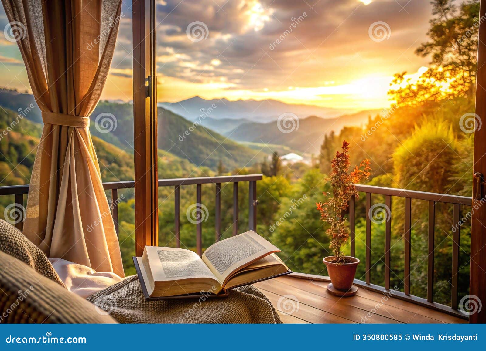 Sunset View from Balcony with Open Book Stock Illustration ...