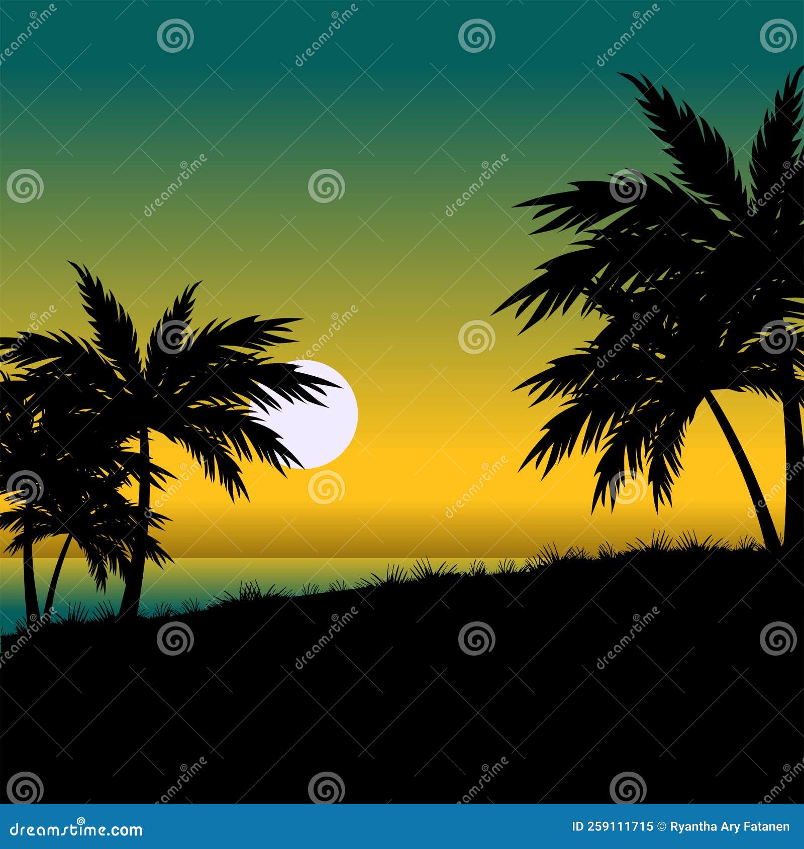 Sunset View at the Beach with Palm Tree Silhouette Stock Vector ...