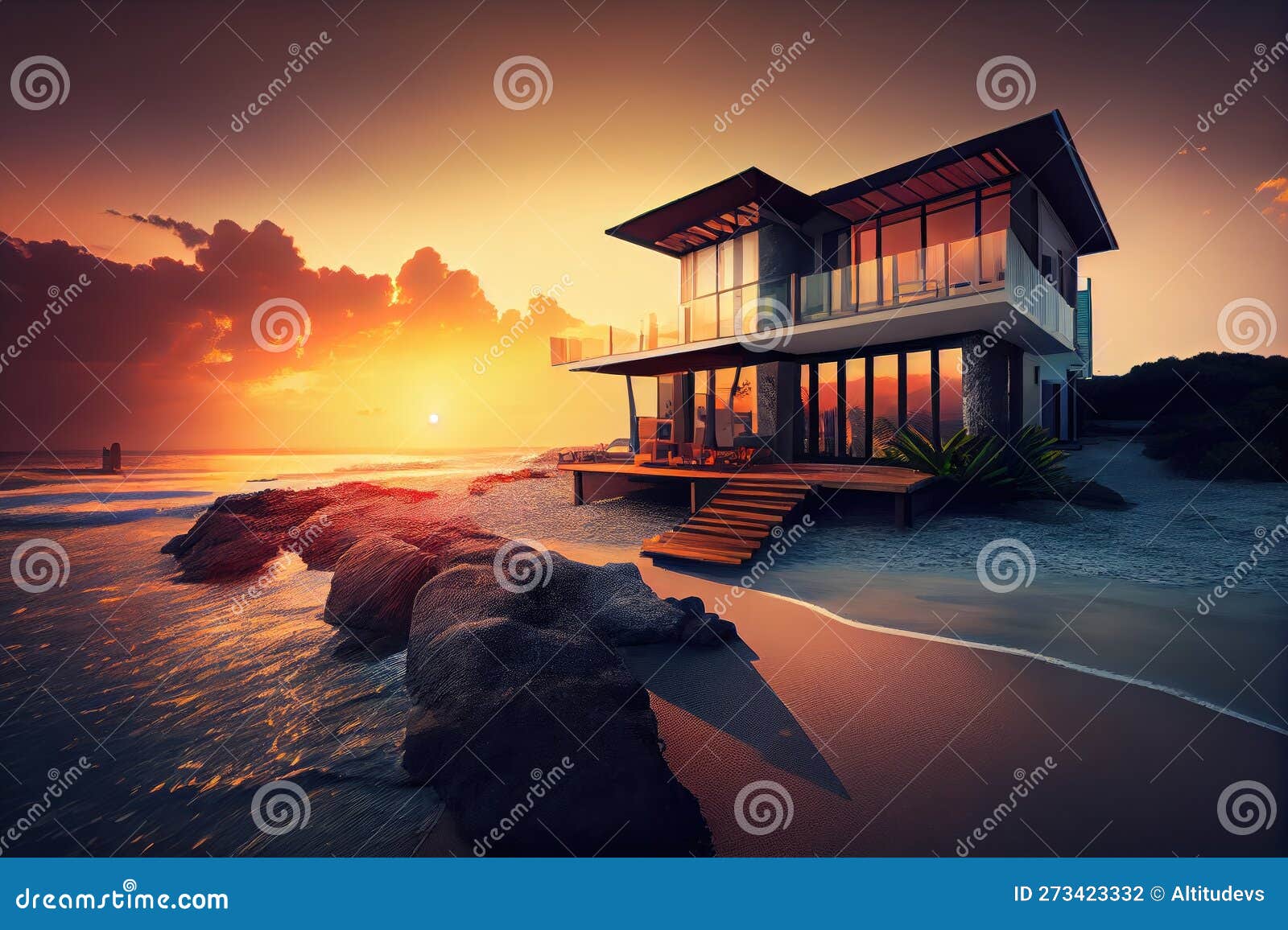 Sunset View of Beachfront Villa, with the Sun Setting Behind the Ocean ...