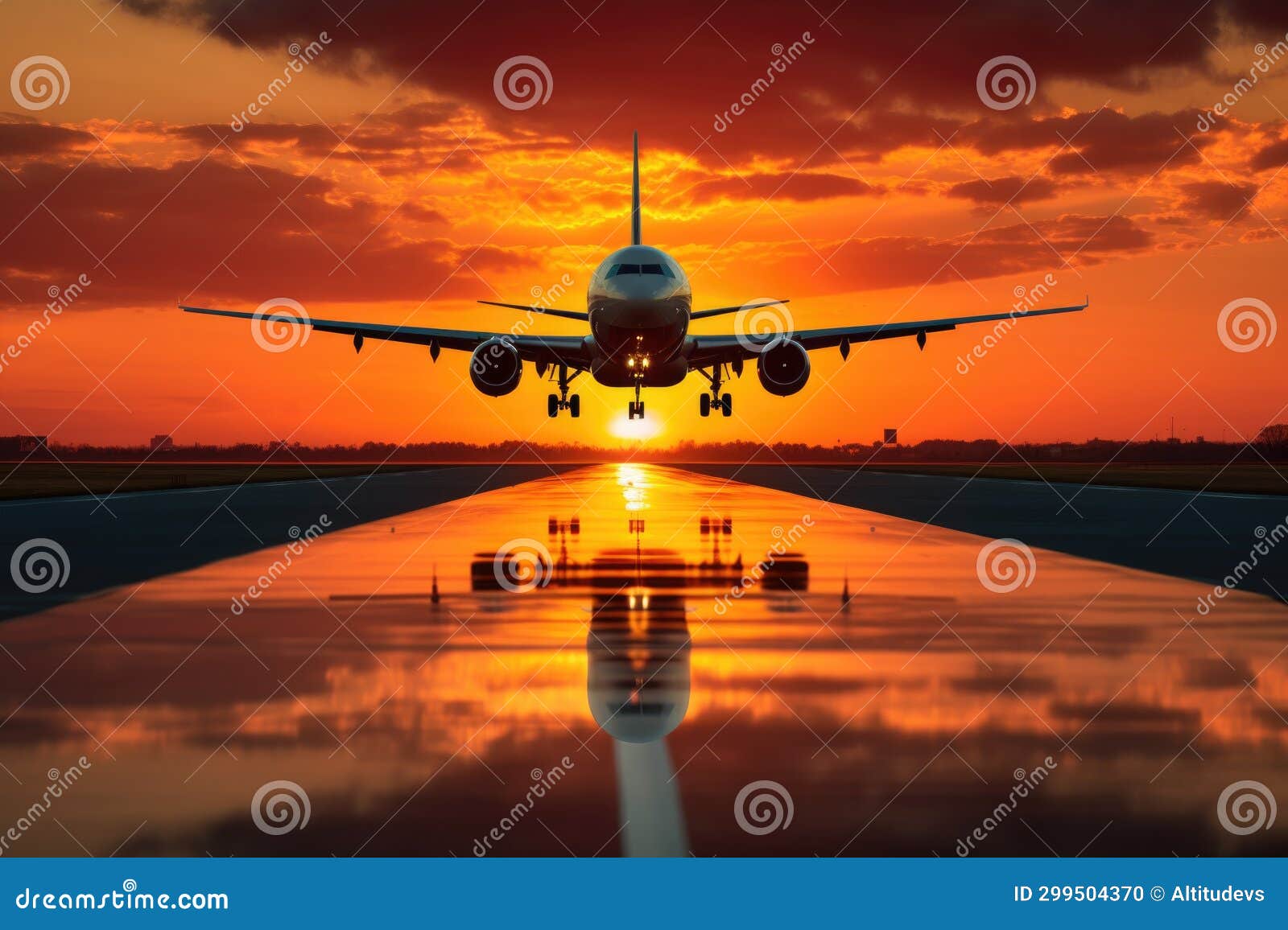 Sunset View of a Commercial Airplane Taking Off from the Runway Stock ...