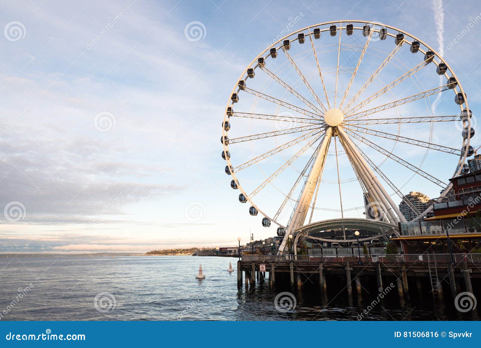 Sunset View of Ferris Wheel in Seattle Stock Photo - Image of evening ...