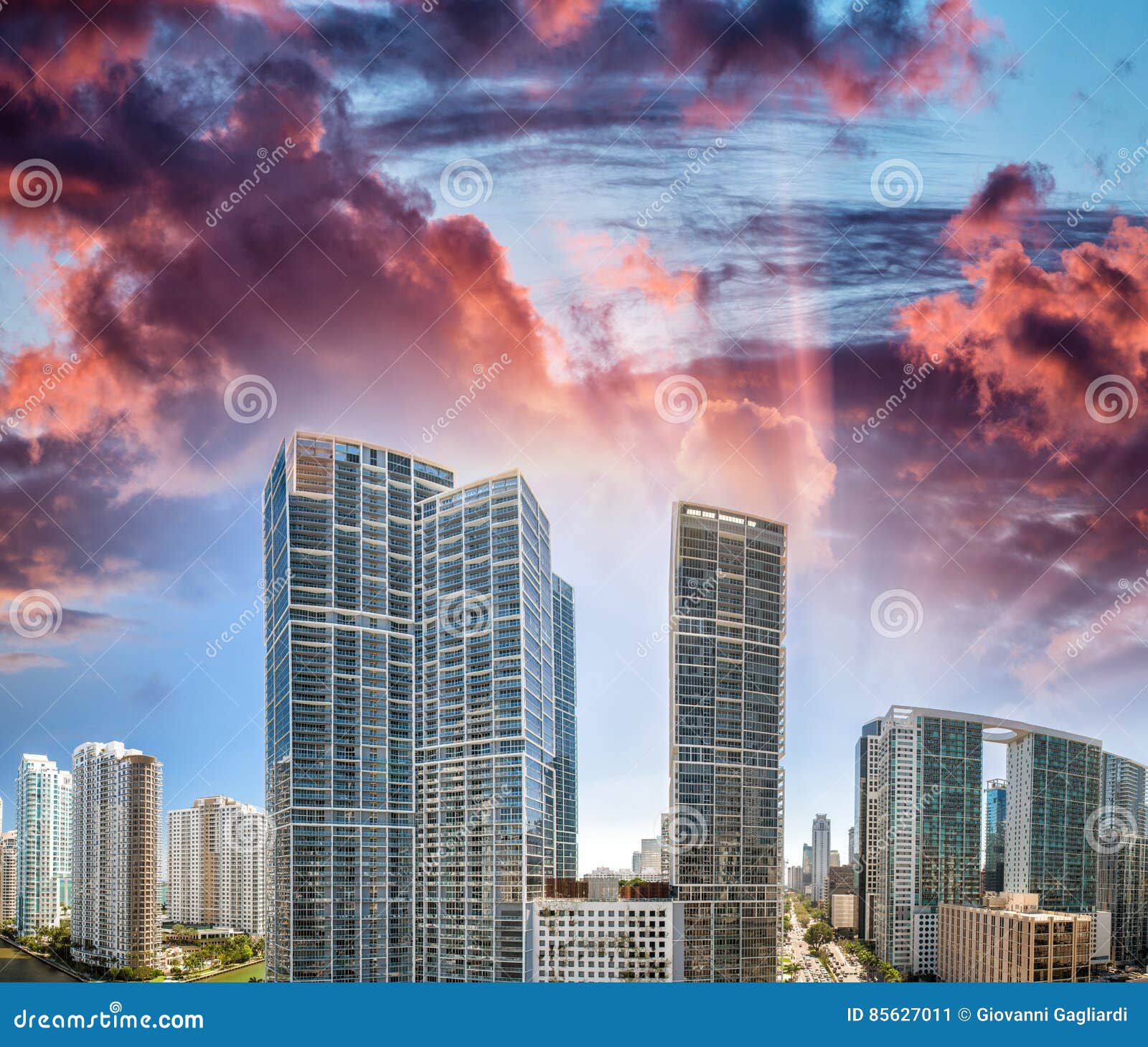 Sunset View of Miami and Brickell Key Buildings, Florida Stock Image ...