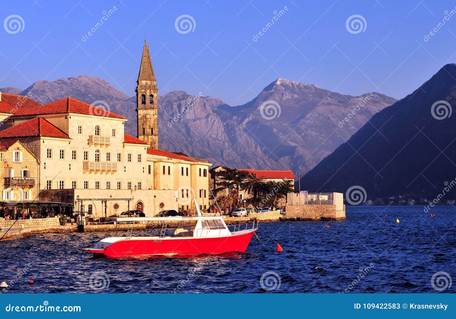 Sunset view of Perast town stock image. Image of landscape - 109422583