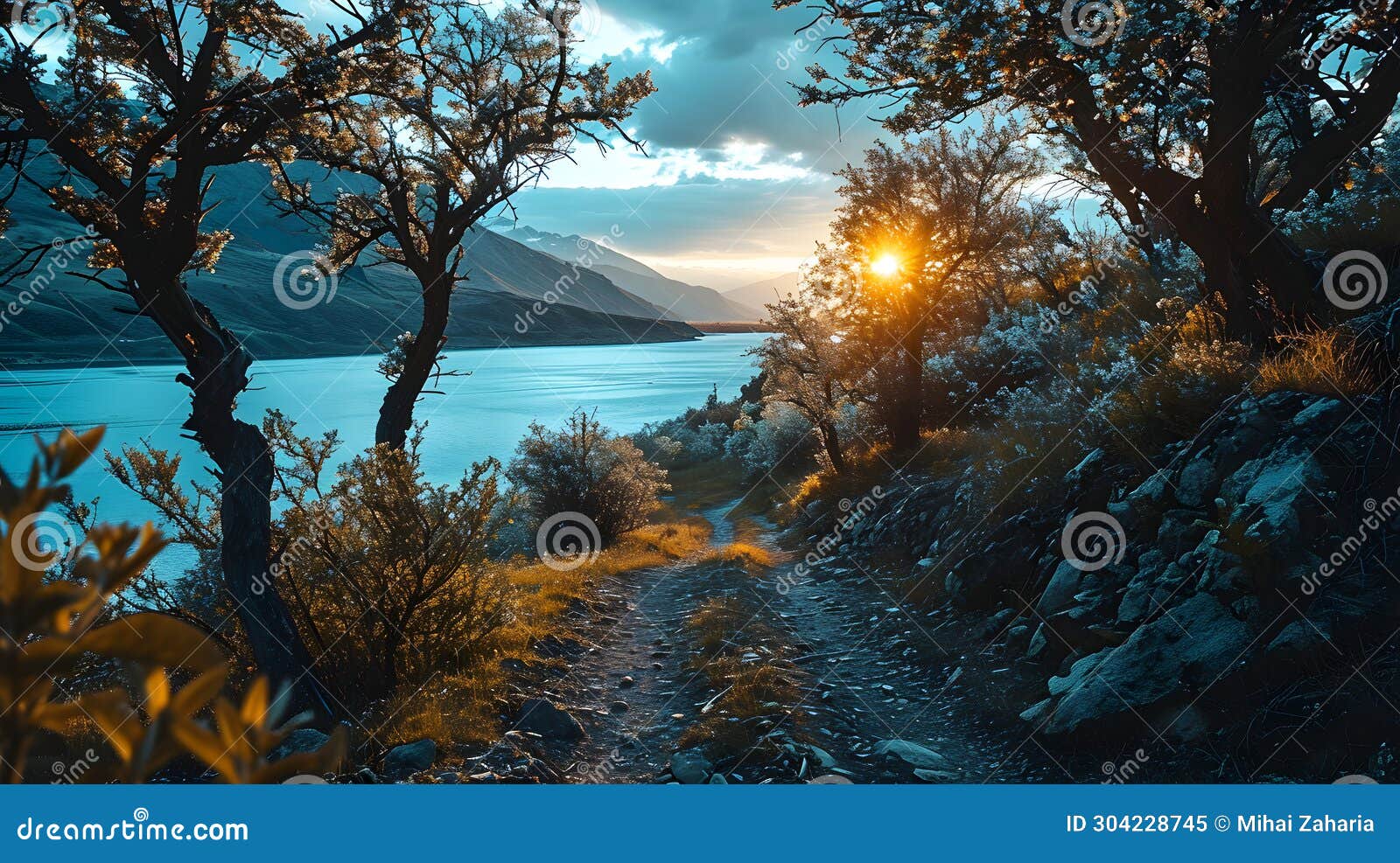 Sunset View through Trees by Lake. Generative AI Stock Illustration ...