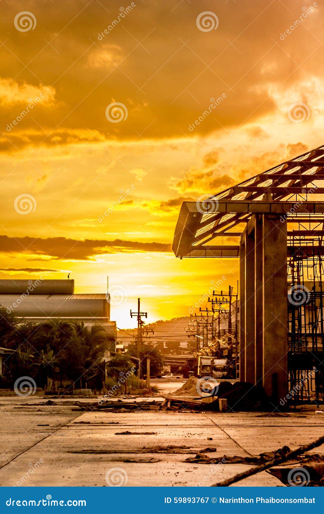 Sunset View, with Various Buildings and Possessed Construction. Stock ...