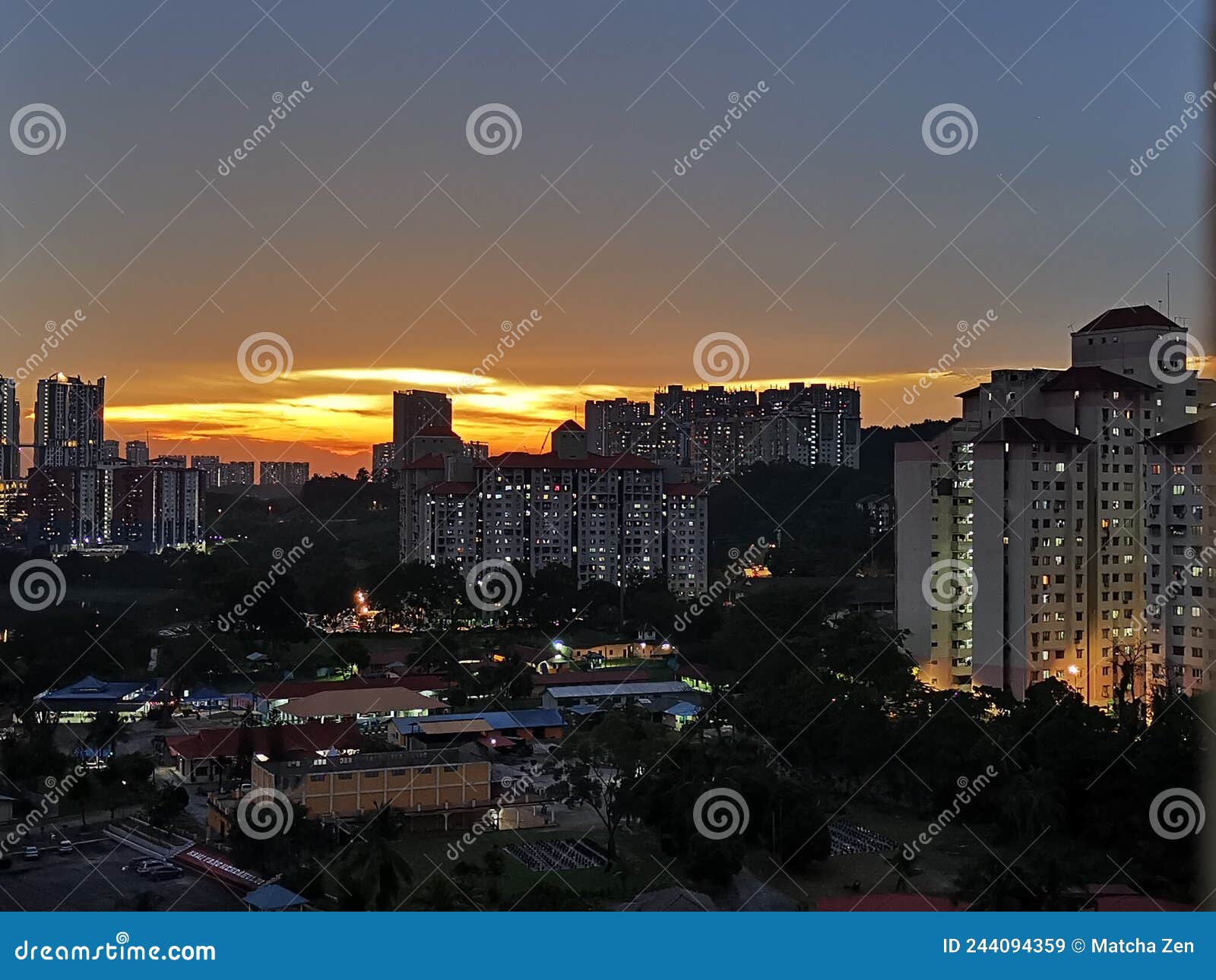 Sunset in Village in High Rise Building Stock Image - Image of evening ...