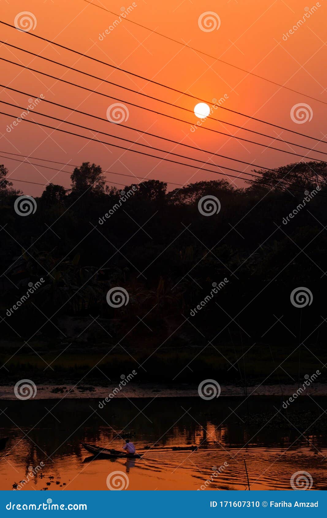 Sunset Water People Man Boat Reflection Tree River Stock Photo - Image ...