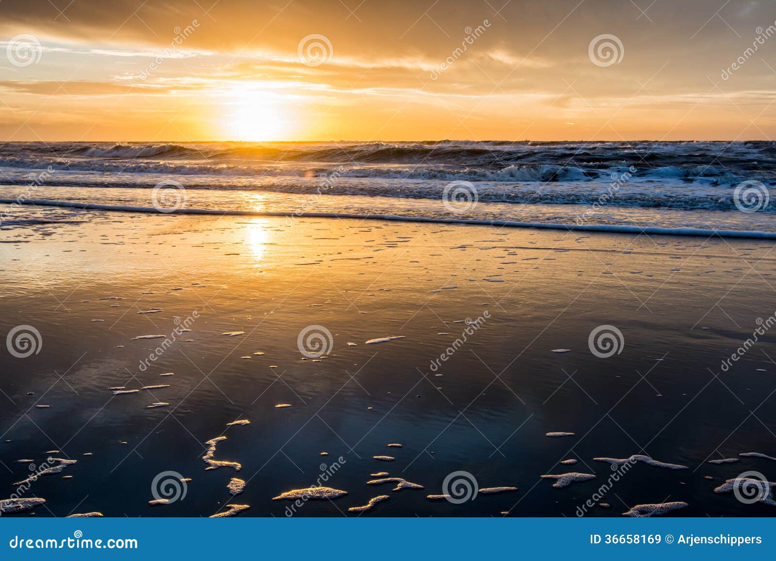 Sunset and Water Reflection on Beach Stock Image - Image of landscape ...