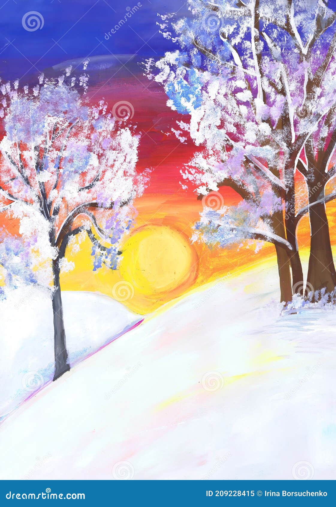 Sunset in the Winter Forest. Children S Drawing Stock Illustration ...