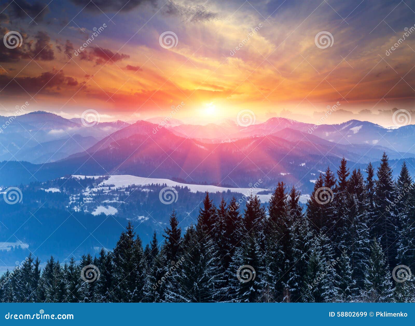 Sunset in winter mountains stock image. Image of natural - 58802699