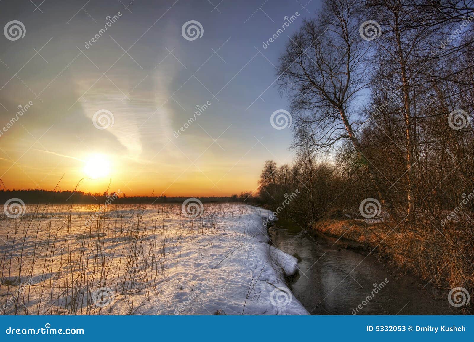 Sunset of winter river stock image. Image of trees, outside - 5332053