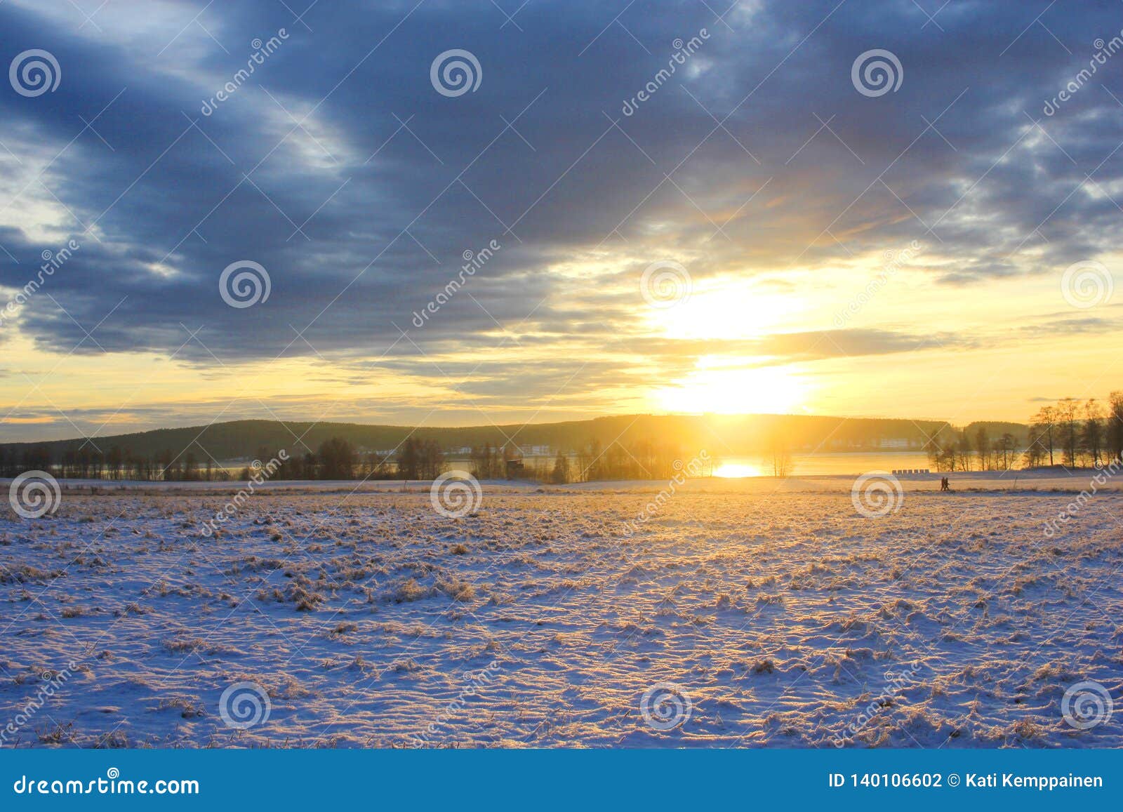 Sunset in Winter with Snowy Fields Stock Photo - Image of frost, lake ...