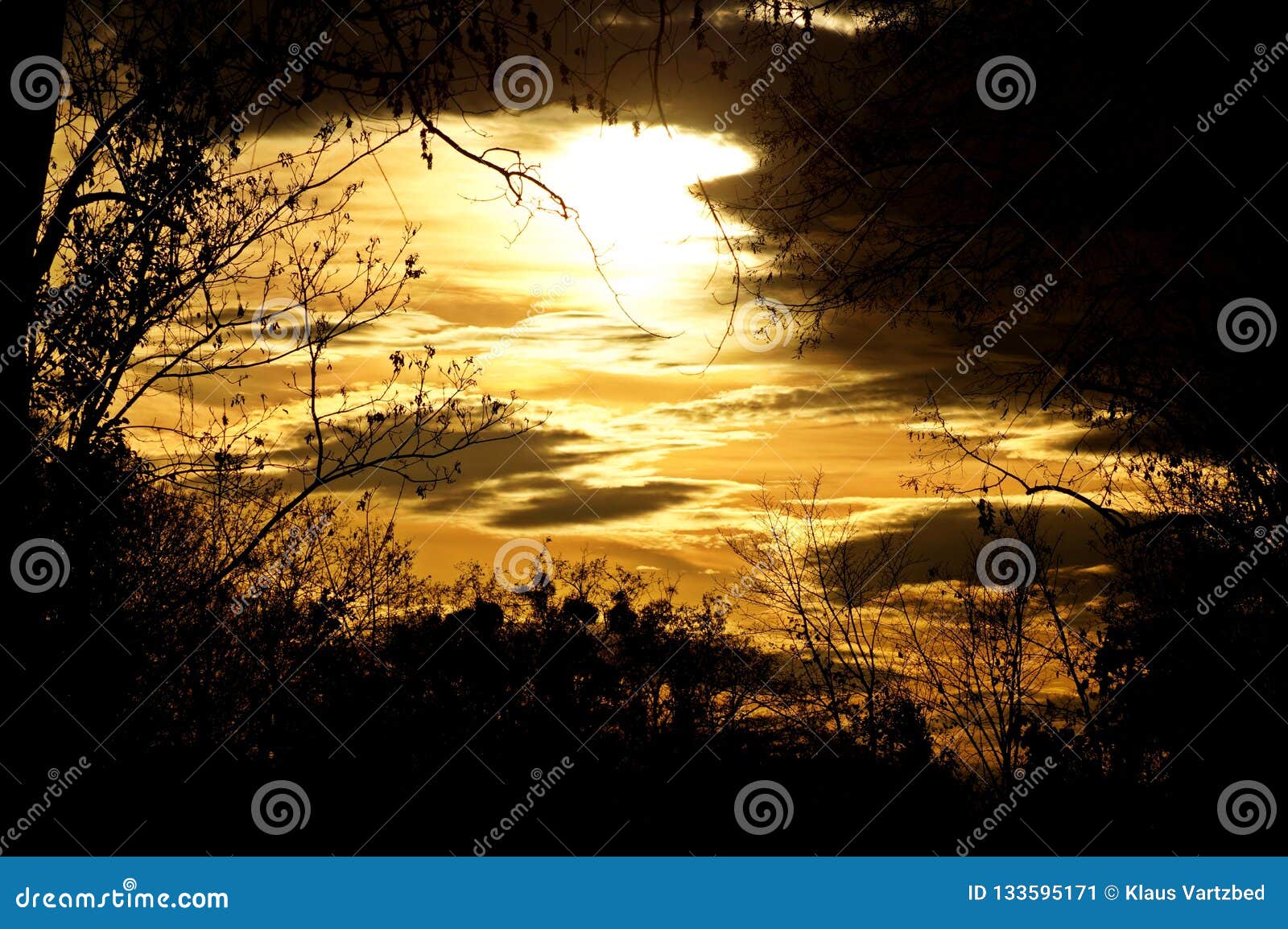 Sunset through the Autumn Trees with Clouds Stock Image - Image of ...