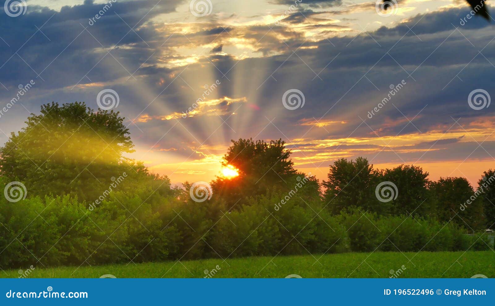 Sunset with a Yellow Sun and Sun Rays Thru Trees Stock Photo - Image of ...