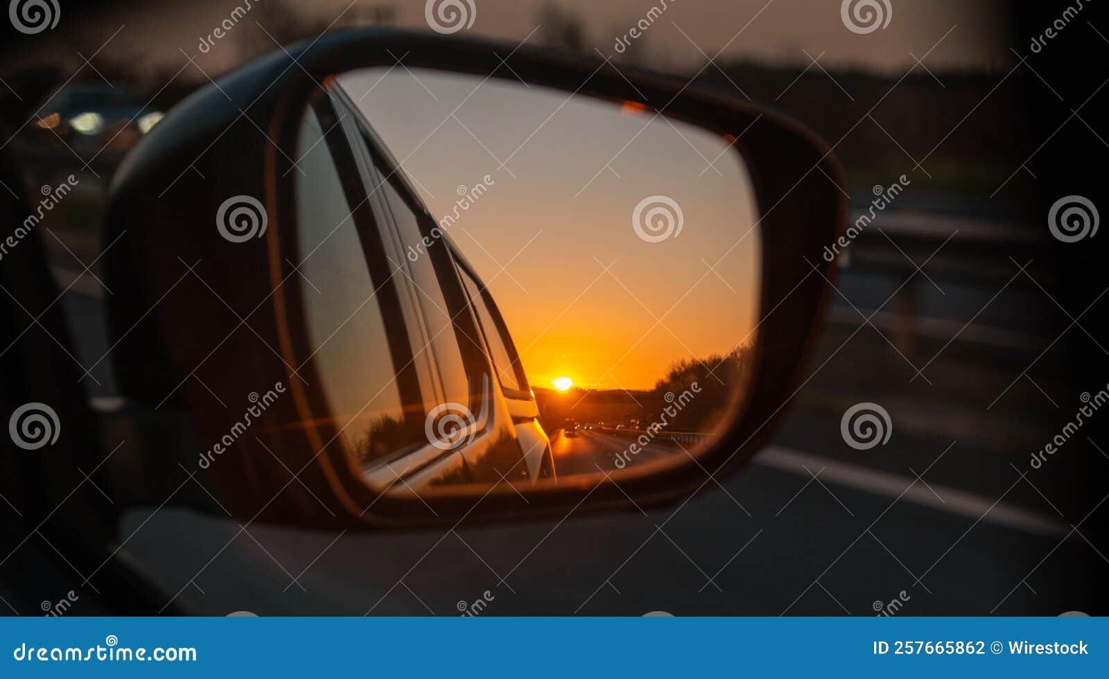 Sunsets Reflection on the Side Mirror of the Car Stock Photo - Image of ...