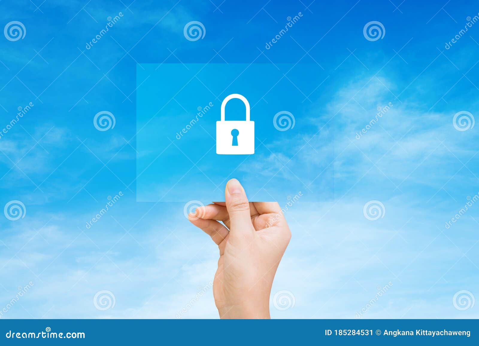 Hand Holding Virtual Lock Icon Symbols in Blue Sky. Stock Image - Image ...
