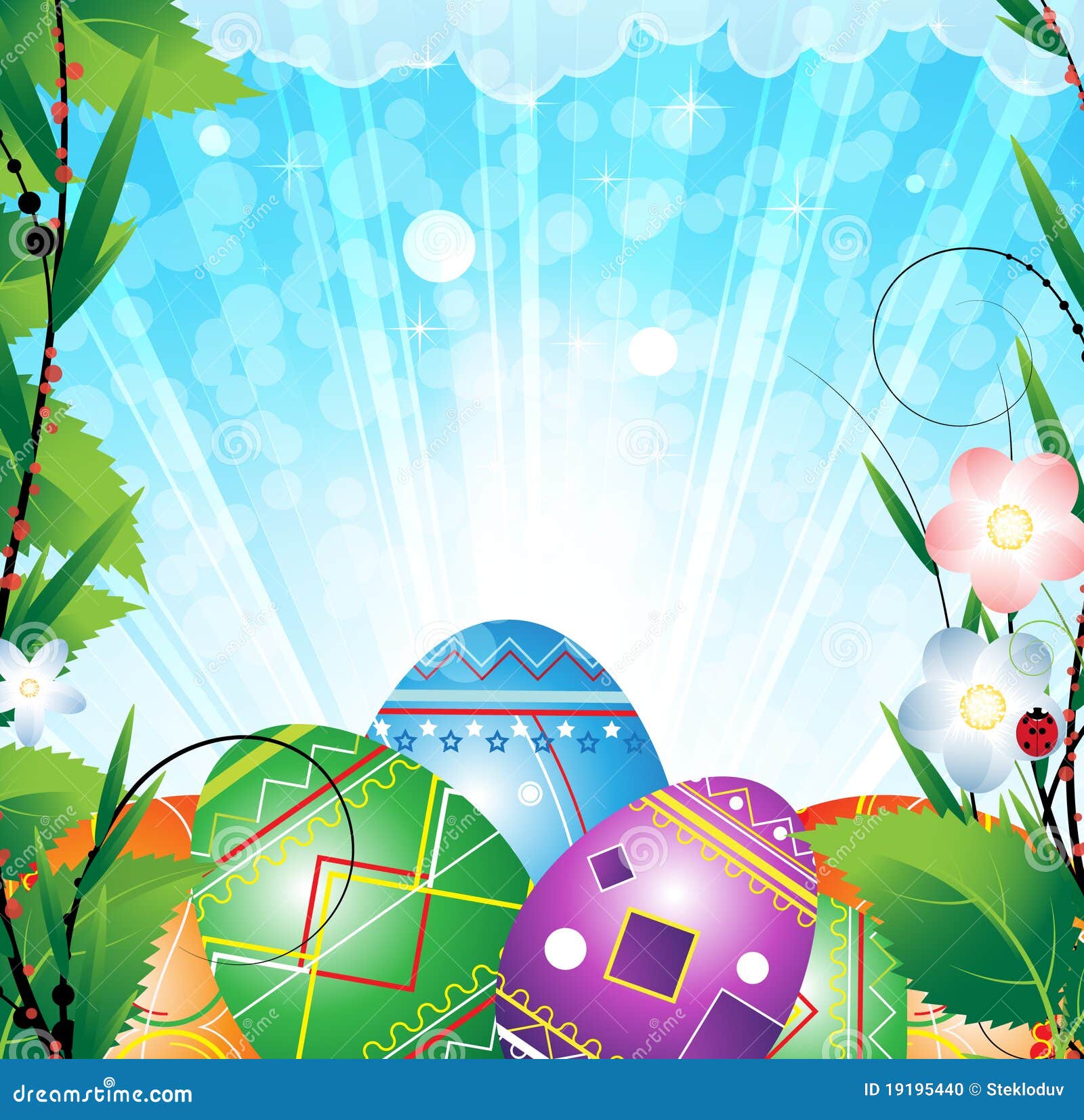 Sunshine and Easter eggs stock vector. Illustration of green - 19195440