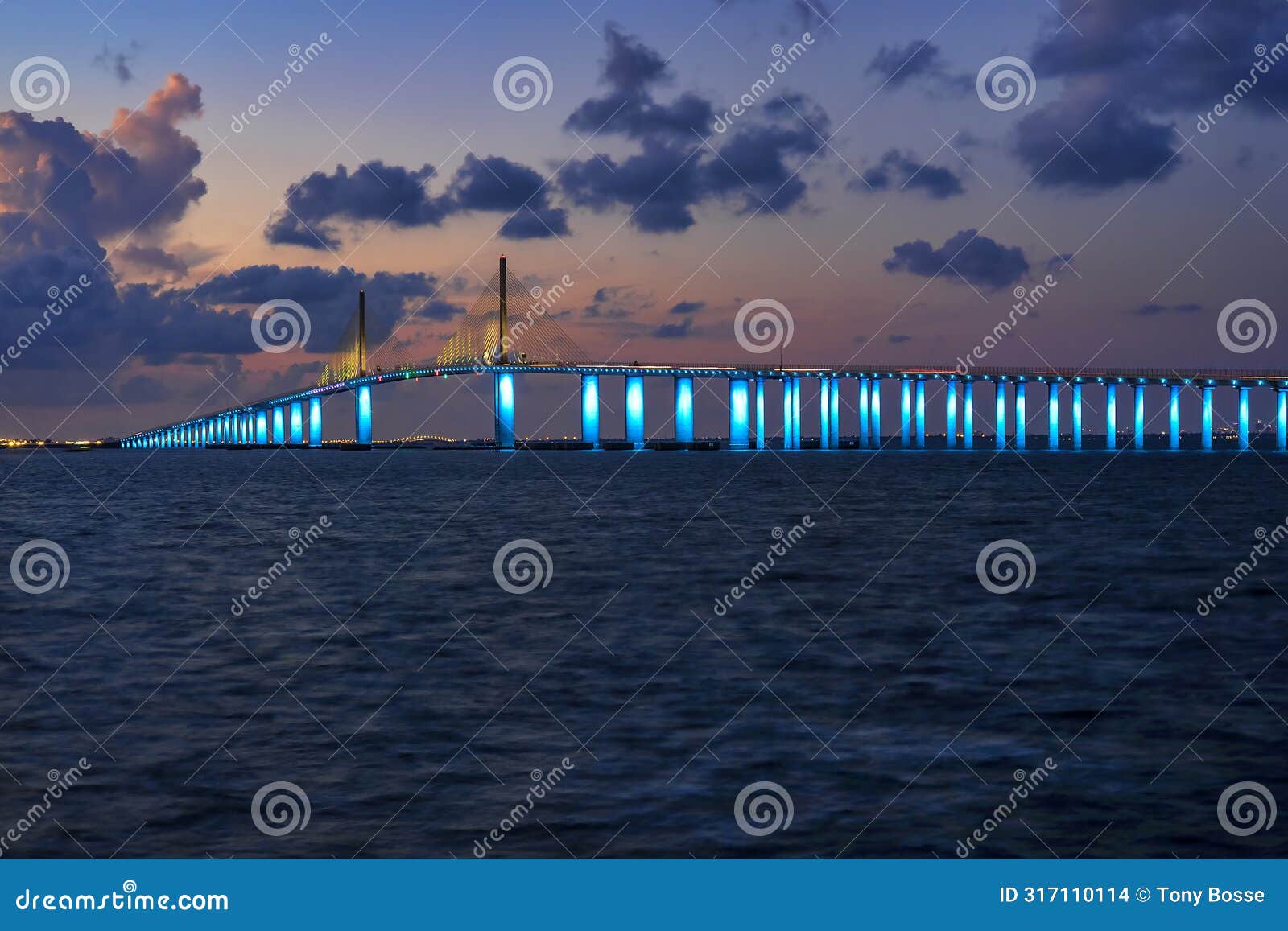 Sunshine Skyway Bridge Lit Blue Stock Photo - Image of night, saint ...