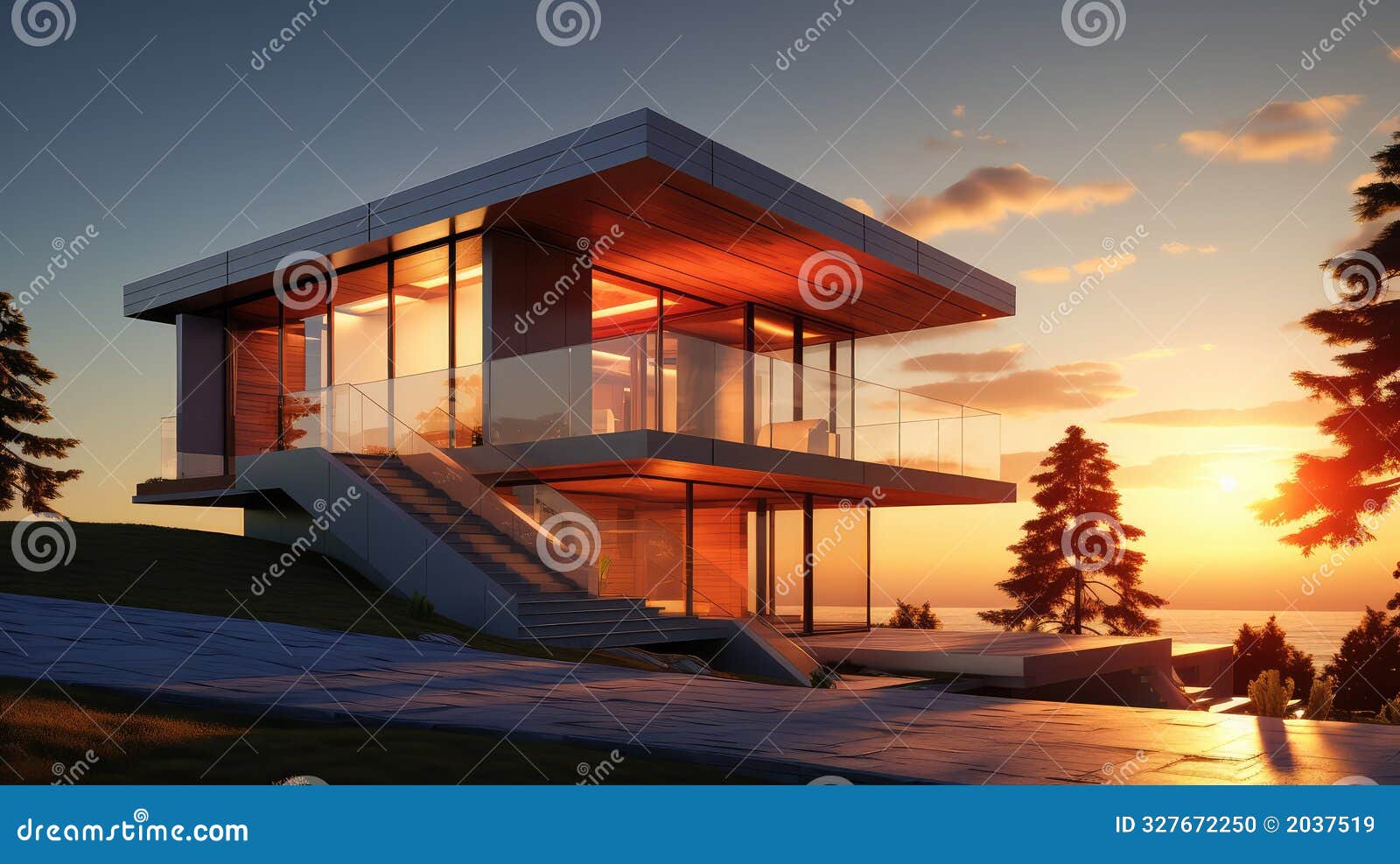Sunwindows Modern House Sunset Stock Illustration - Illustration of ...