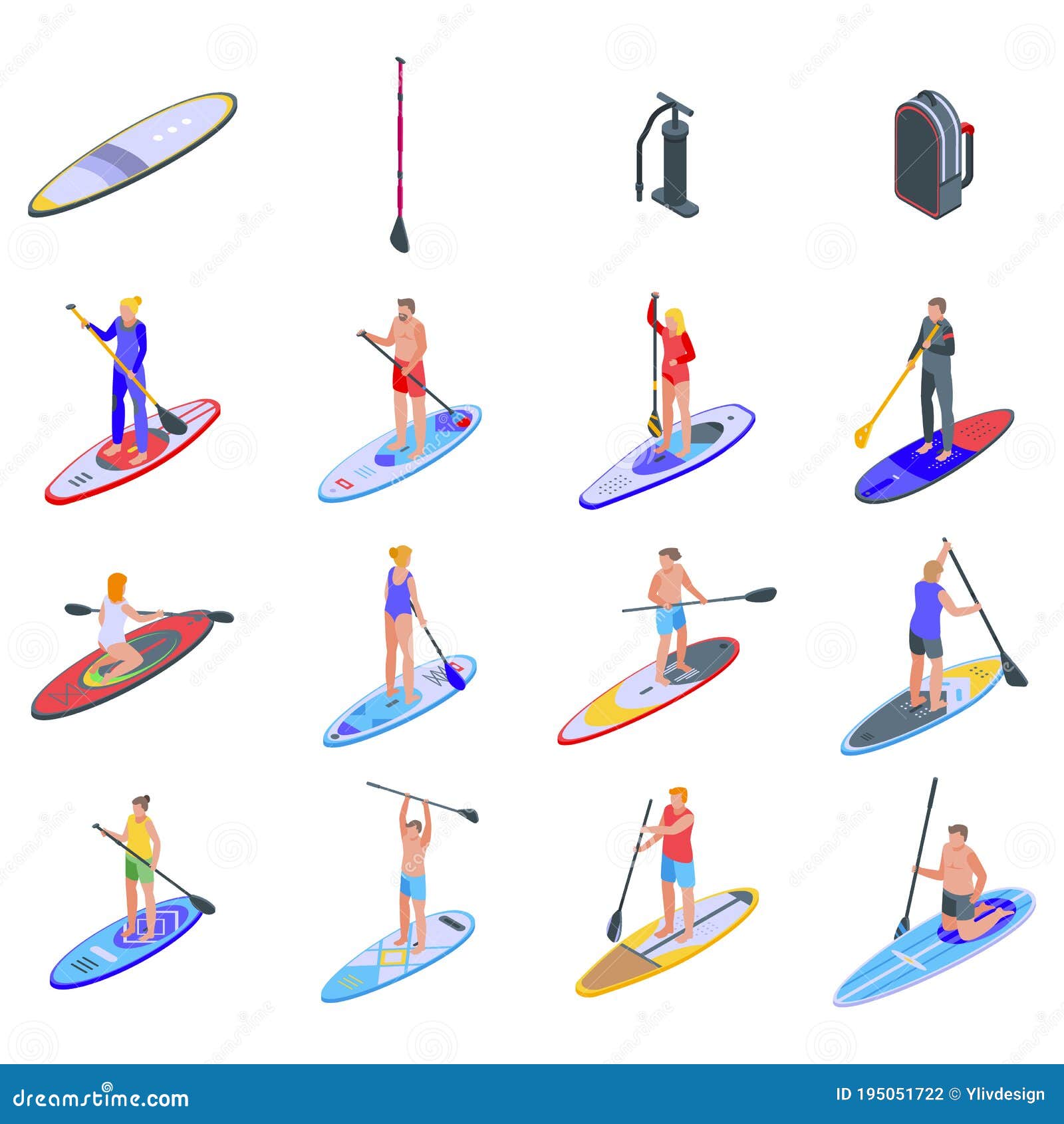 Sup Surfing Icons Set, Isometric Style Stock Vector - Illustration of ...