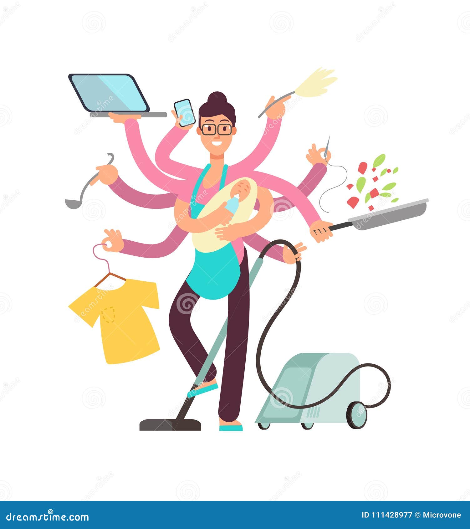 Super Busy Mother Working and Cooking Simultaneously Vector Concept ...