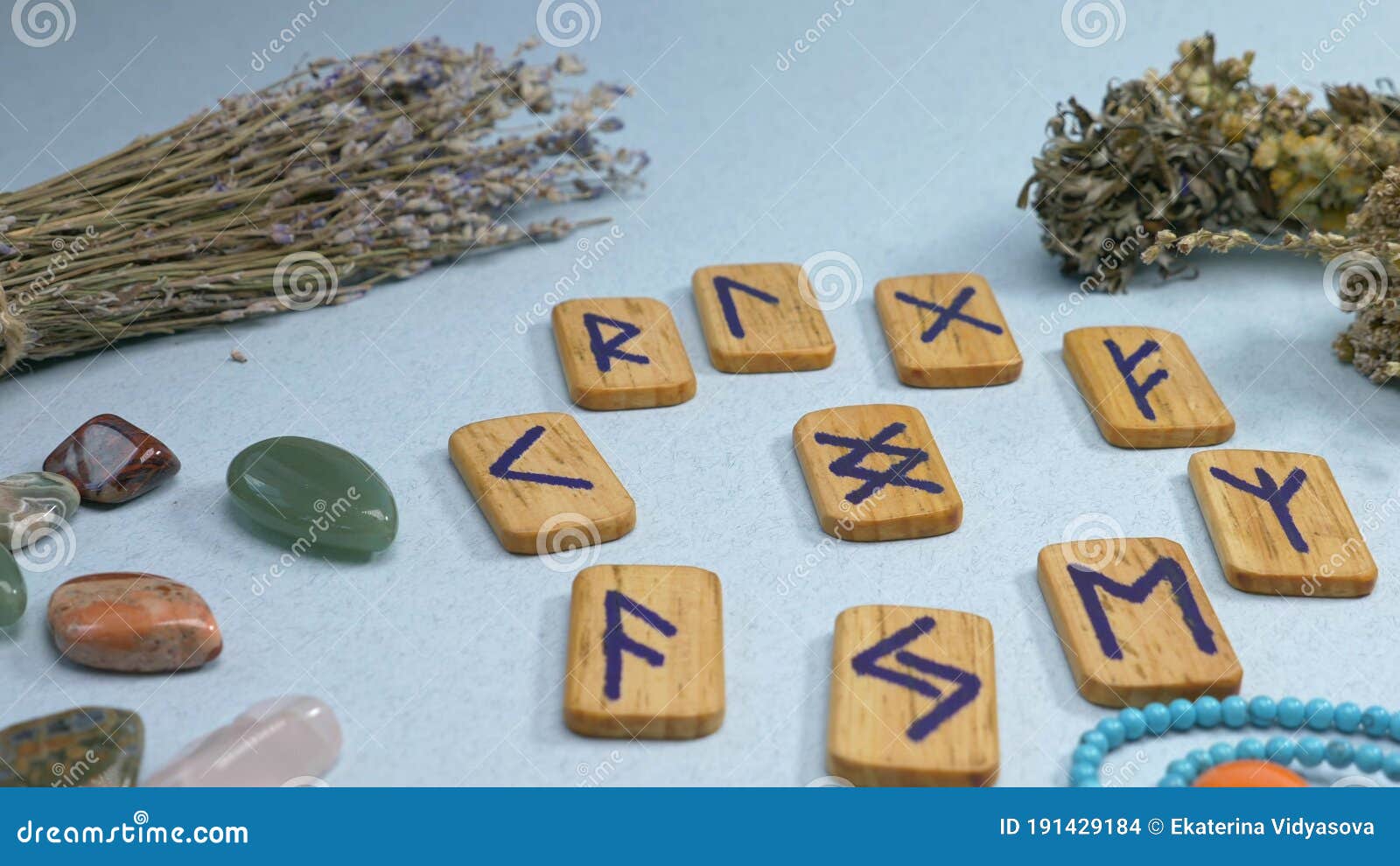 Super Closeup. Magic Background, Runes, Dried Herbs and Stones on the ...