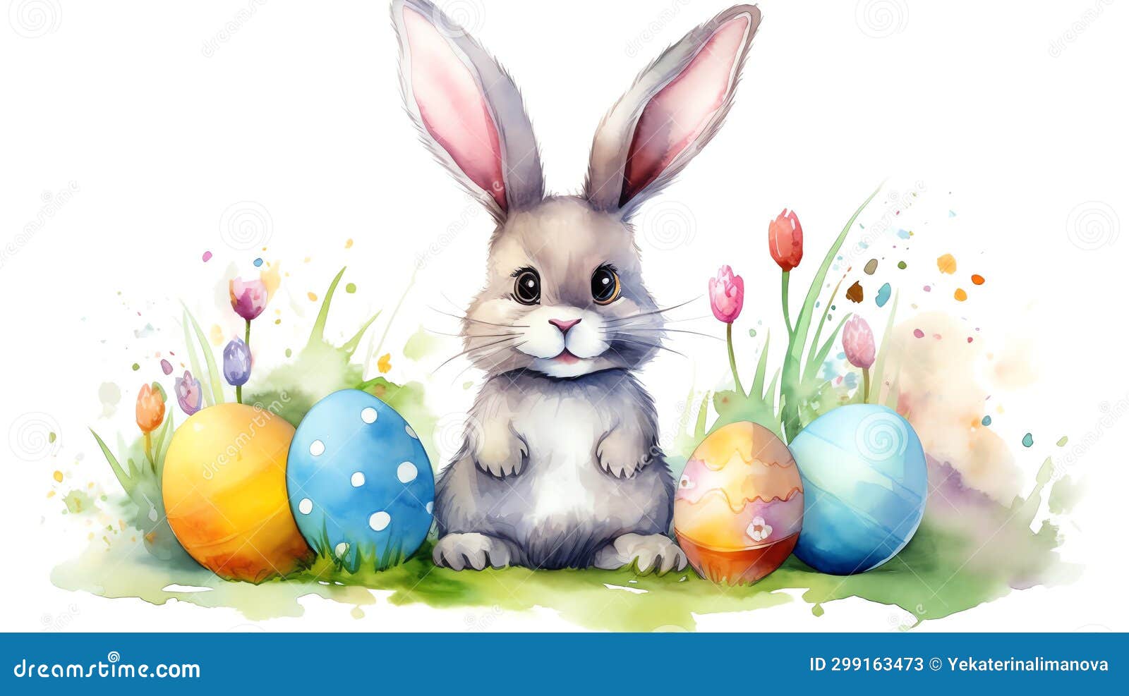 Super Cute Easter Bunny Sitting on the Green Grass with Colored Eggs ...
